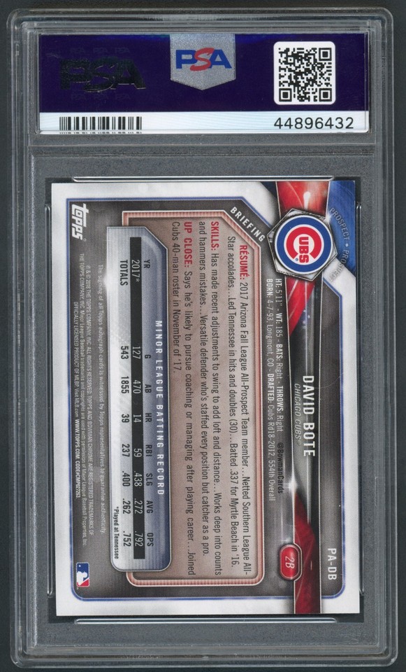 2018 Bowman Prospects David Bote Cubs PSA 9 MINT Rookie Card Blue ...