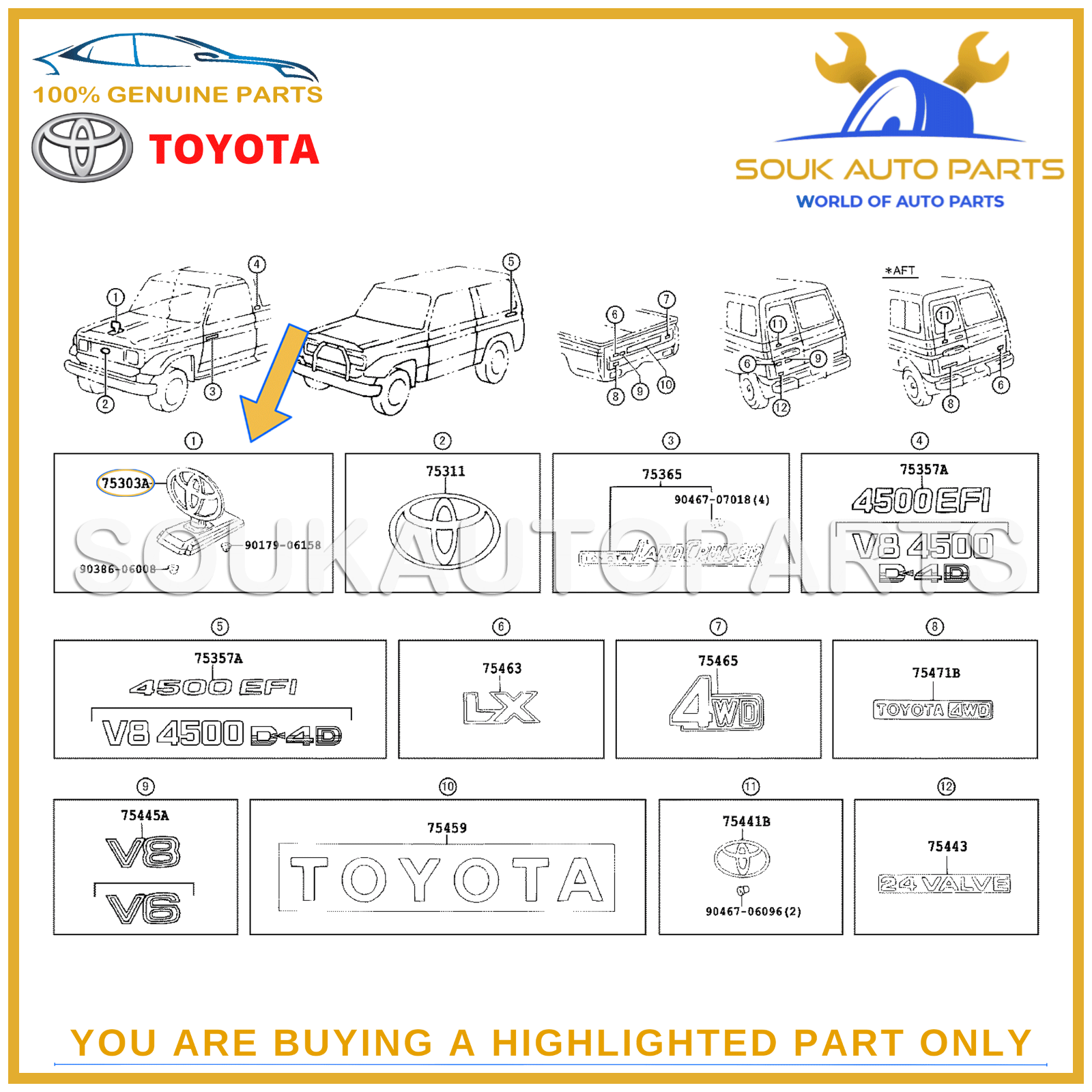 75303-60040 Genuine Toyota HOOD EMBLEM SUB-ASSY 7530360040 OEM LAND ...