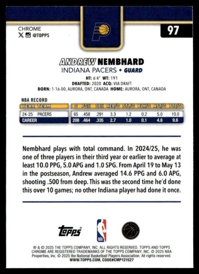 2025-26 Topps Chrome Raywave Refractor Andrew Nembhard Indiana Pacers ...
