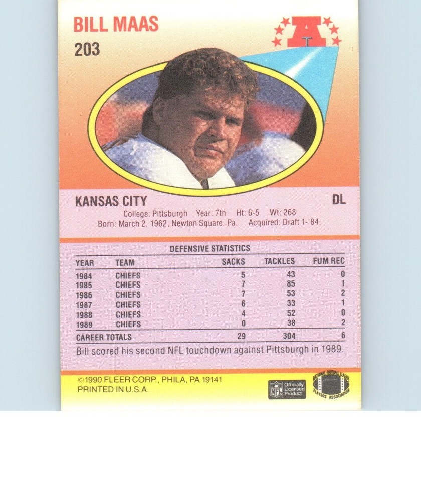 Bill Maas 203 Chiefs 1990 Fleer NFL Football Trading Card | eBay