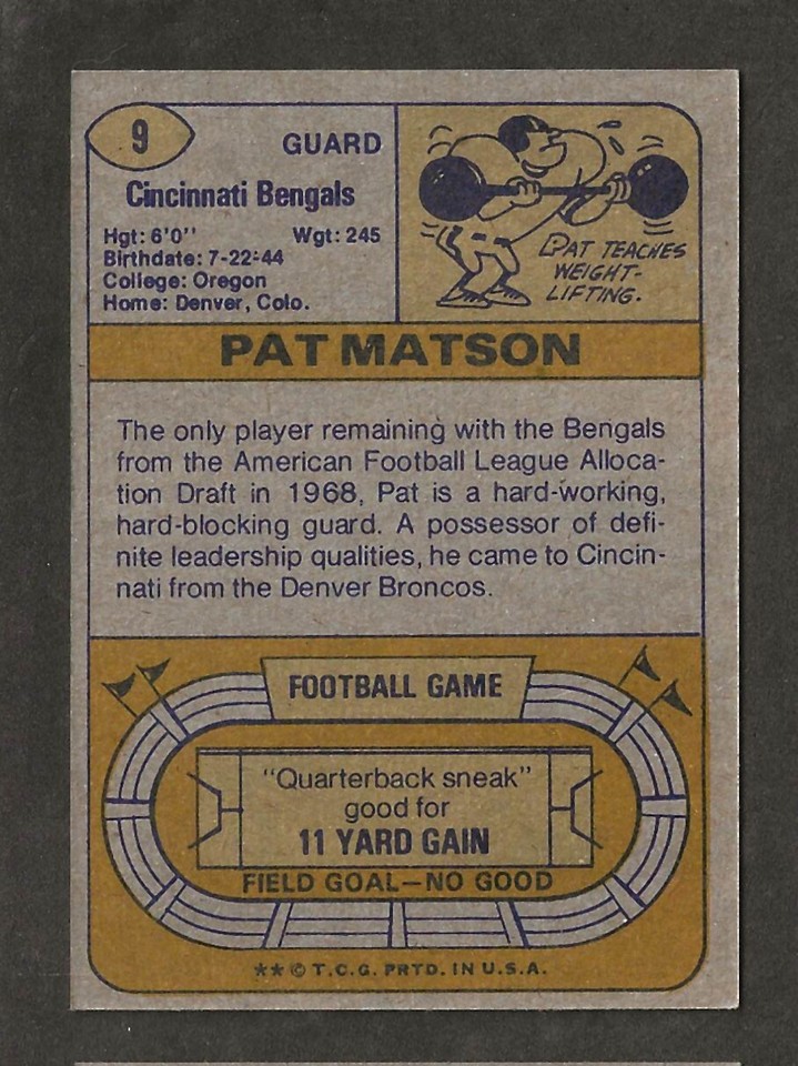 1974 Parker Brothers #9 PAT MATSON Cincinnati Bengals FLAWLESS SURFACE ...