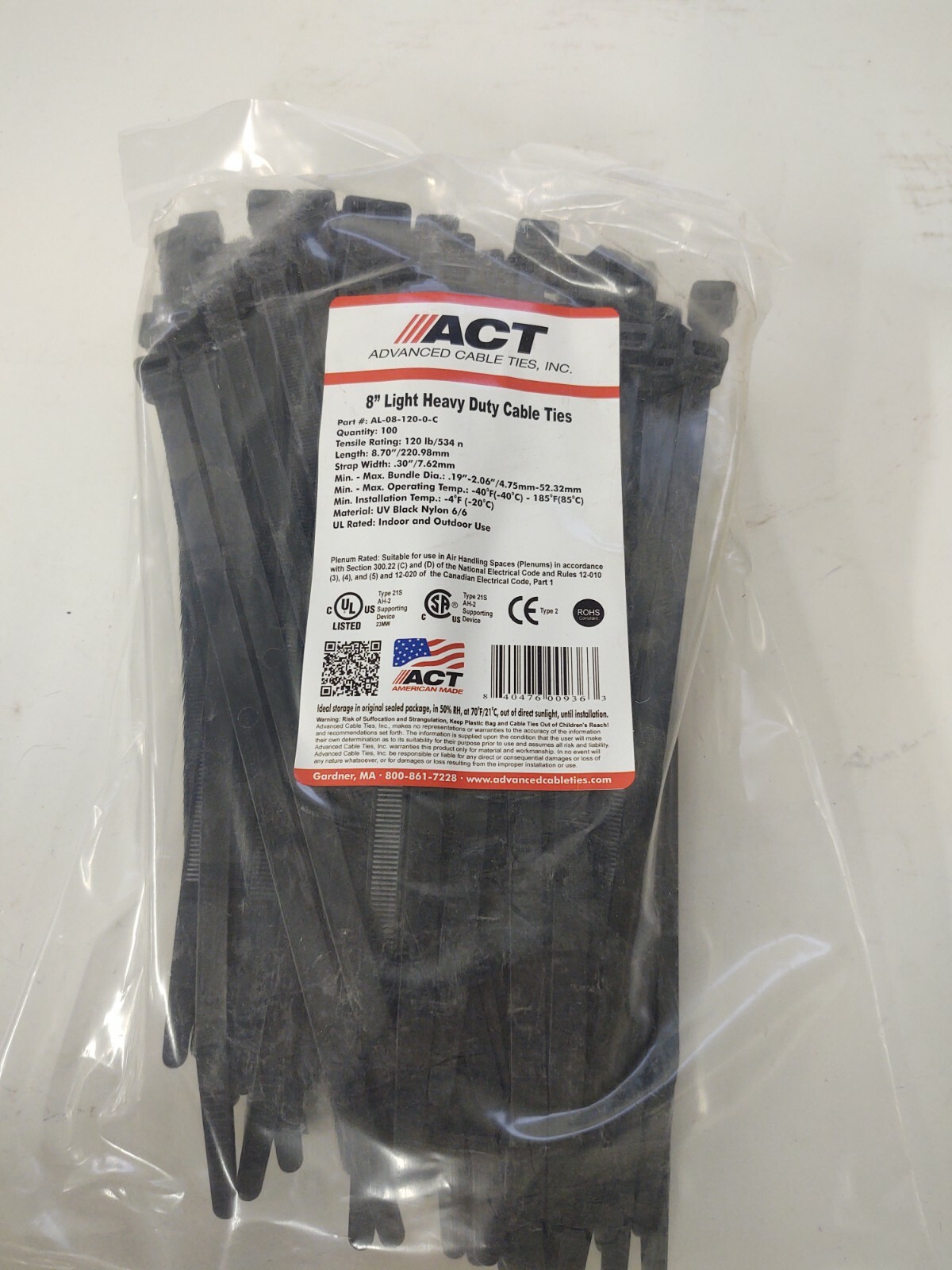 Advanced cable ties / ACT 100pcs Heavy Duty 120lb 8" black AL-08-120-0 ...