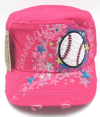 Womens Pink Military Cadet Cap Hat Rhinestone Baseball Stars Distressed ...