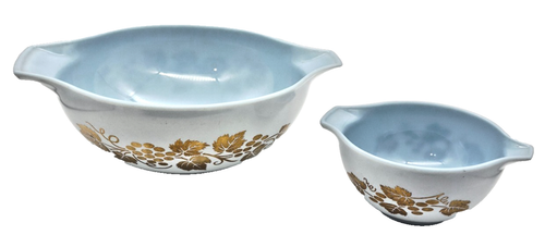 VTG Pyrex Golden Grapes 2 Bowl Set Delphite Blue Promotional 4 QT & 1.5 ...