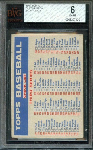 1957 TOPPS BASEBALL CHECKLIST 3/4 BLONY BACK BVG EX-MT 6 | eBay