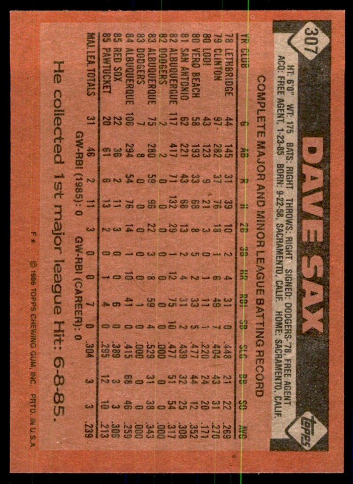 1986 Topps Baseball Card Dave Sax Boston Red Sox #307 | eBay