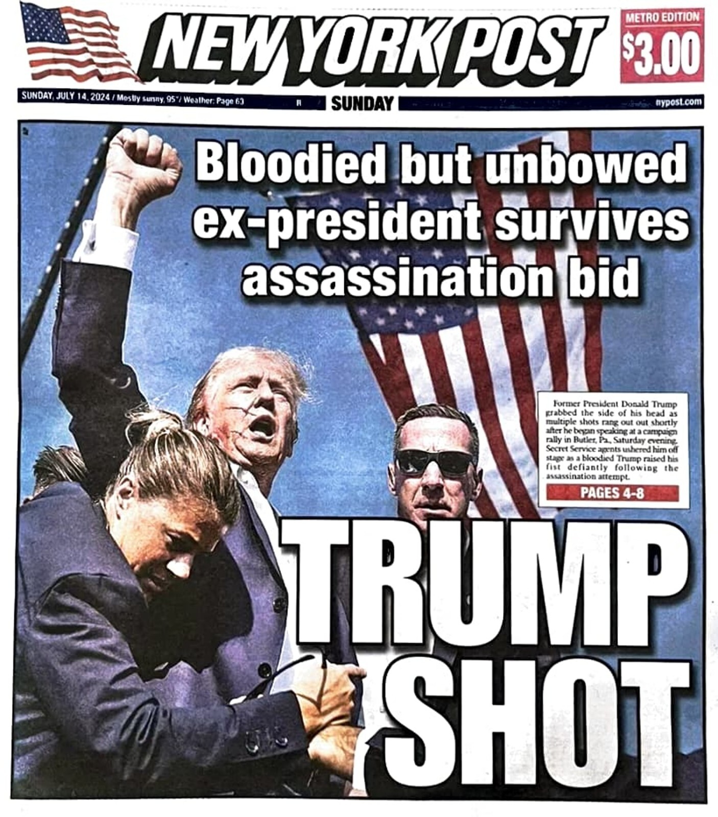 TRUMP SHOT BUTLER ATTEMPTED ASSASSINATION NY POST HARD COPY NEWS JUNE ...