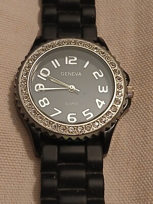 Geneva Women Fashion Wrist Watch Black Rubber Band Analog Crystals ...