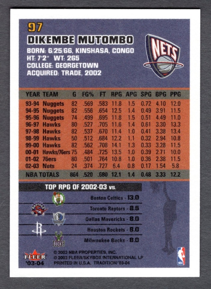 2003-04 FLEER TRADITION DIKEMBE MUTOMBO CARD #97 **NM-MT** NEW JERSEY ...