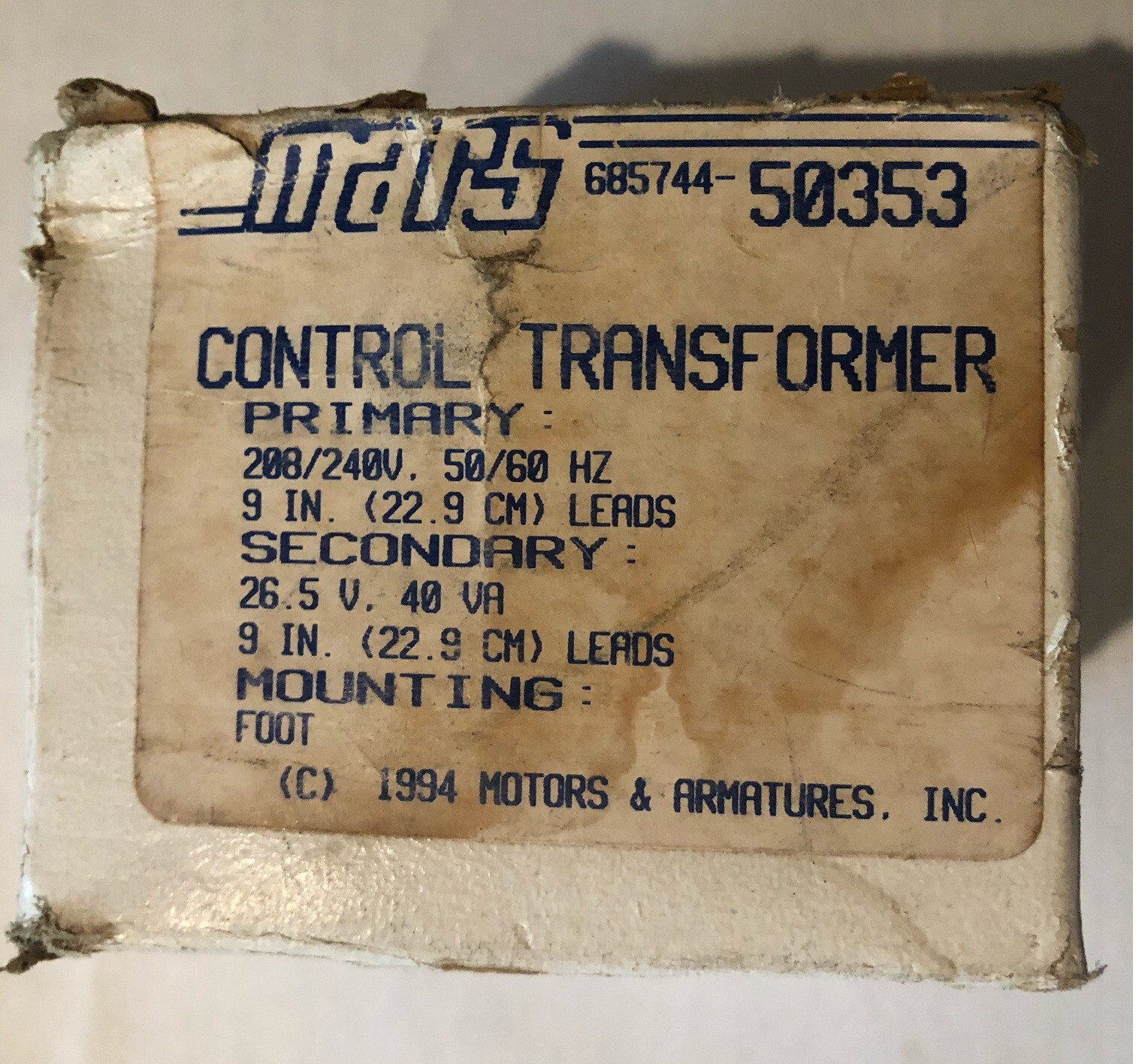 MARS CONTROL TRANSFORMER 50353 40VA 24V COIL Foot MOUNTING | eBay