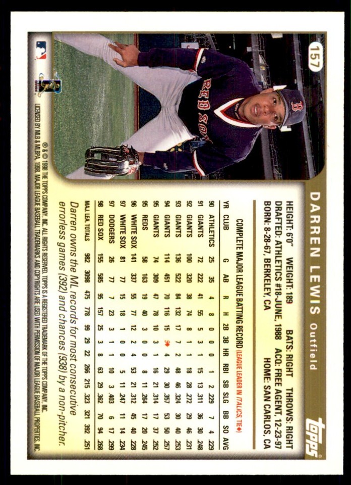 1999 Topps Baseball Card Darren Lewis Boston Red Sox #157 | eBay