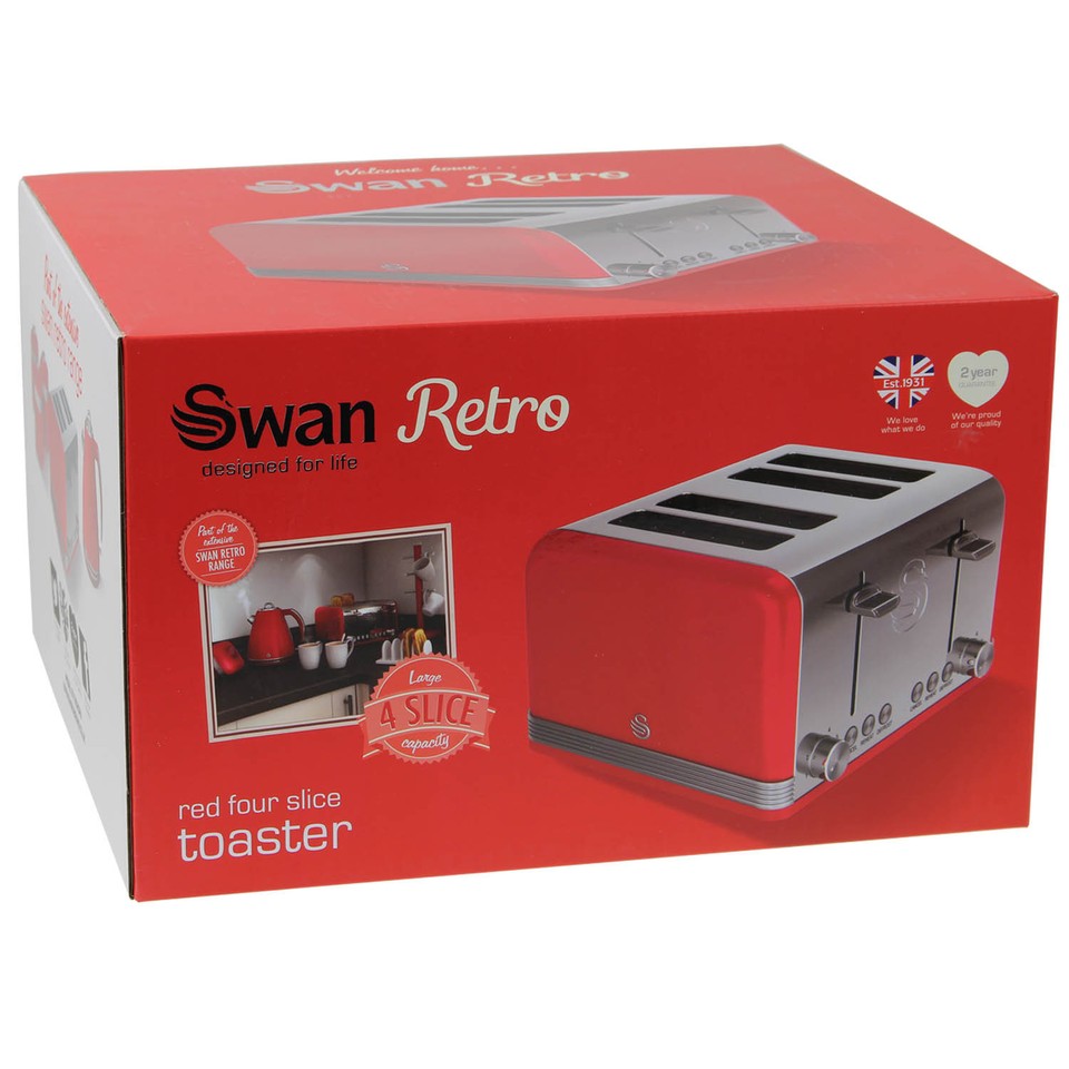 Swan 4 Slice Retro Red Stainless Steel Bread Loaf Toast Toaster Defrost ...