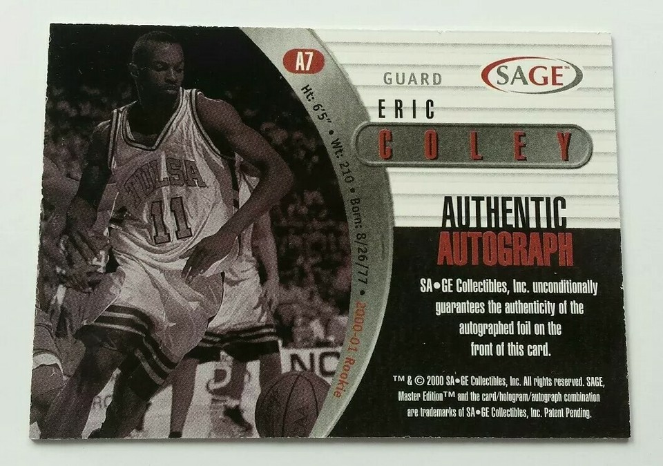 2000 SAGE Autograph Eric Coley A7 Serial #'d 57/999 | eBay