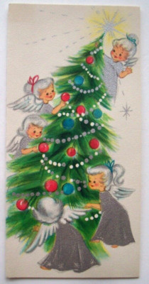 Silvertone angels decorate tree vintage Christmas greeting card *BB14 ...