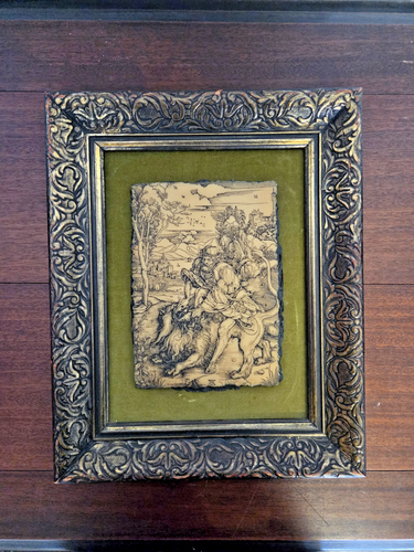 Framed Albrecht Durer “Samson Rending the Lion” Plaque 15.5x12.5 Gothic ...