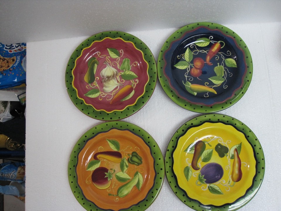 Gates Ware Laurie Gates Salad Plates Dots Rim Vegetable Fruits 9 1/2 ...