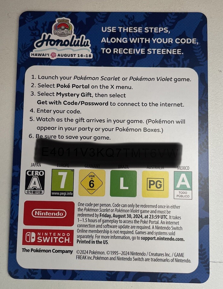 Pokemon 2024 World Championships STEENEE Code Card | eBay