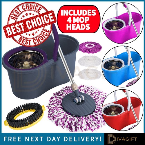 360 FLOOR MAGIC SPIN MOPS BUCKET MOP SET MICROFIBER + 4 MOP HEAD PADS ...