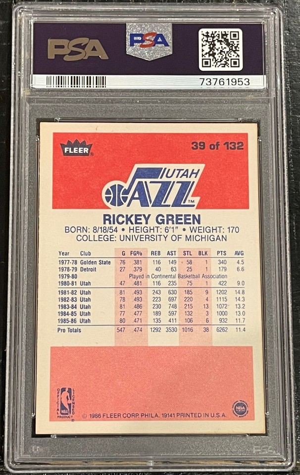 1986 Fleer Rickey Green PSA 8 NM-MT (JUST GRADED) #39 Utah Jazz ~~1953 ...