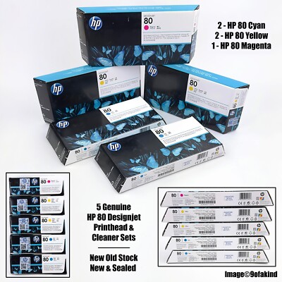 5 Genuine HP 80 Designjet 1000 Printhead & Cleaner Sets Cyan Magenta ...