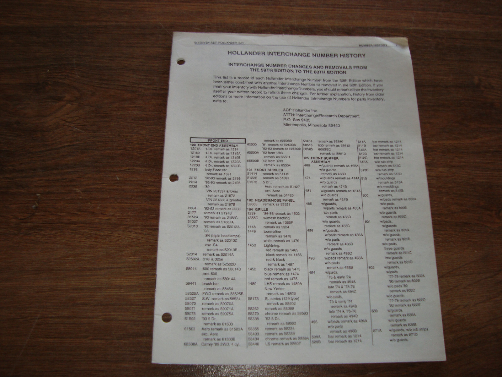 1994 Hollander Interchange Number History 59th Edition to 60th Edition ...