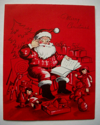 50's Winking Santa checking his list Christmas greeting card *D2 | eBay