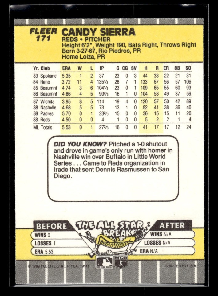 1989 Fleer Baseball #171 Candy Sierra Cincinnati Reds Pack Fresh Mint+ ...