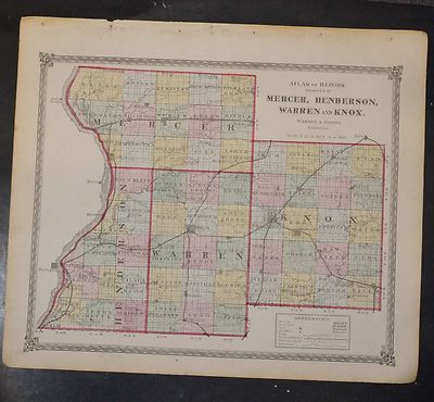 Original 1875 Map of Mercer Henderson Warren Knox Co Illinois 18.5x15.5 ...
