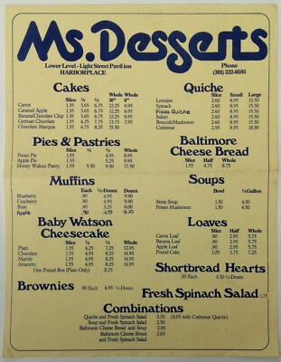 Original Vintage Menu MS. DESSERTS Harborplace Baltimore Md. CHEESE ...