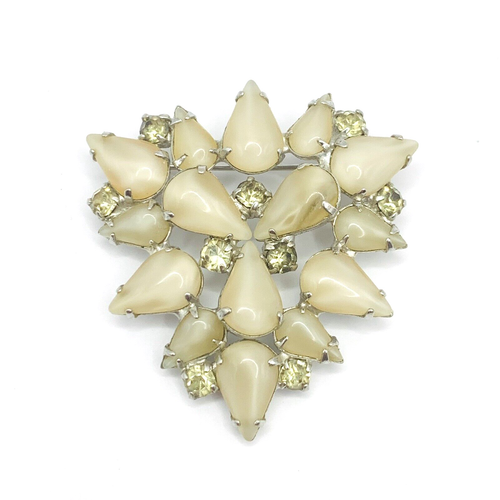 Vintage Round Yellow and Pear Opaque Tan Rhinestone Silver Tone Brooch ...
