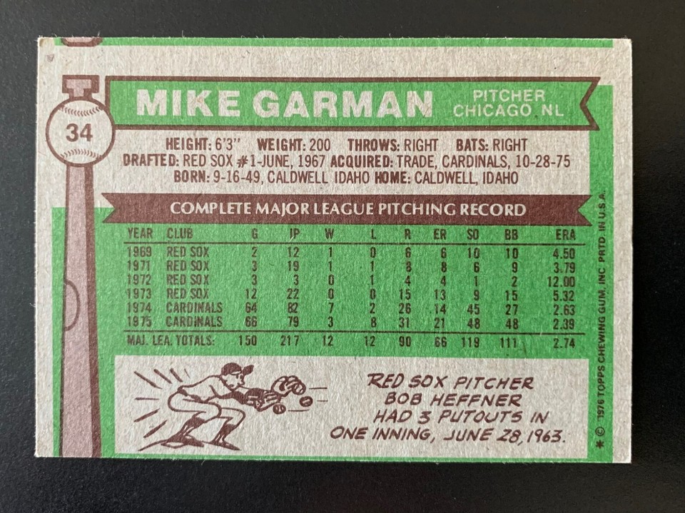 MIKE GARMAN 1976 Topps Baseball Card #34 – CHICAGO CUBS | eBay