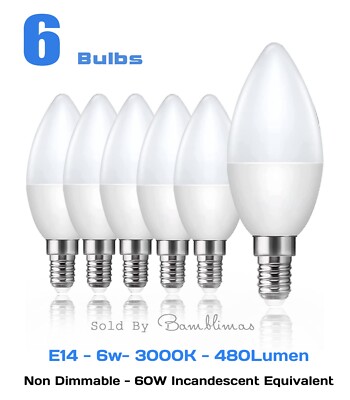 6x E14 LED Candle Bulbs C37 6W Warm White 3000K 480lm = 60W SES Small ...