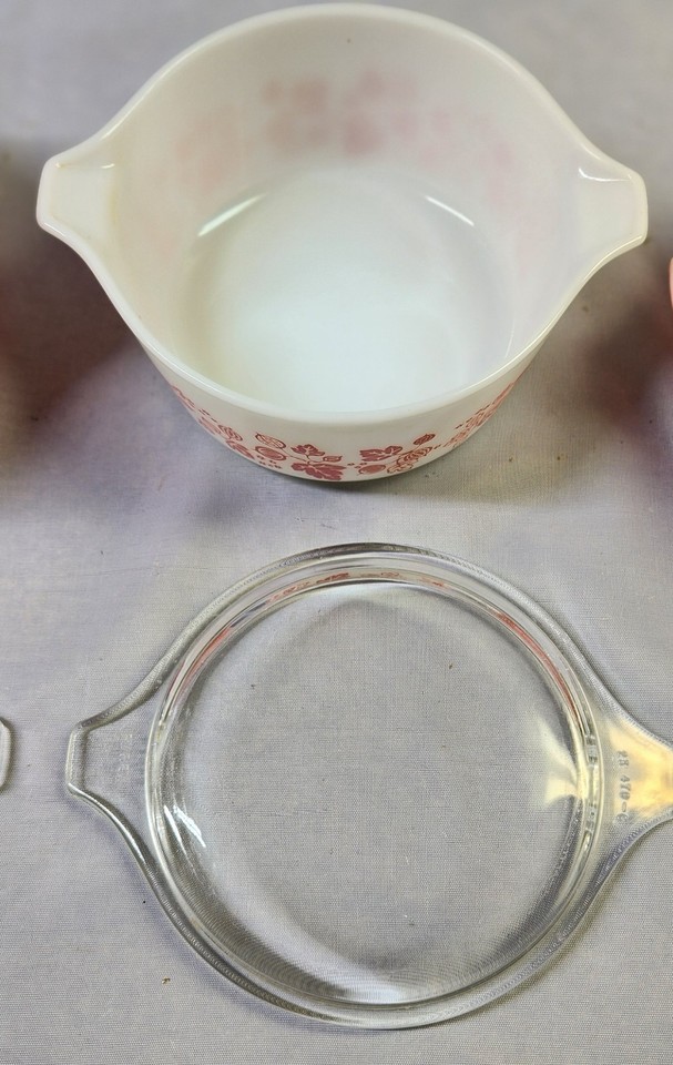 VINTAGE PYREX PINK GOOSEBERRY 3-Pc. W/ lids CASSEROLE SET: 471, 472 ...