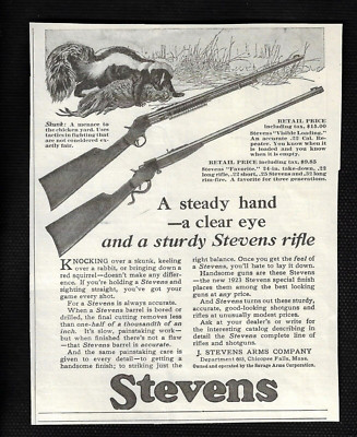 1923 STEVENS ARMS CO. AD ~ .22 CALIBER RIFLES for Skunks, Rabbits, Red ...