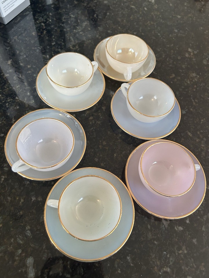 VTG ARCOPAL FRANCE HARLEQUIN PASTEL RAINBOW OPALESCENT MILK GLASS TEA ...