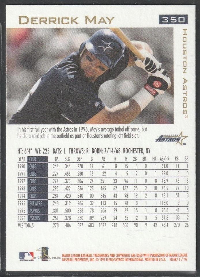 371, Original Autograph, Derrick May; Houston Astros, 1997 Fleer #350 ...
