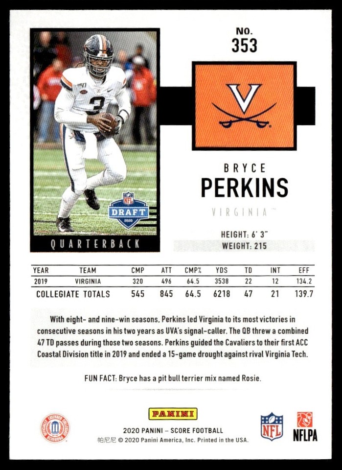 2020 Score Bryce Perkins Rookie Virginia Cavaliers #353 | eBay