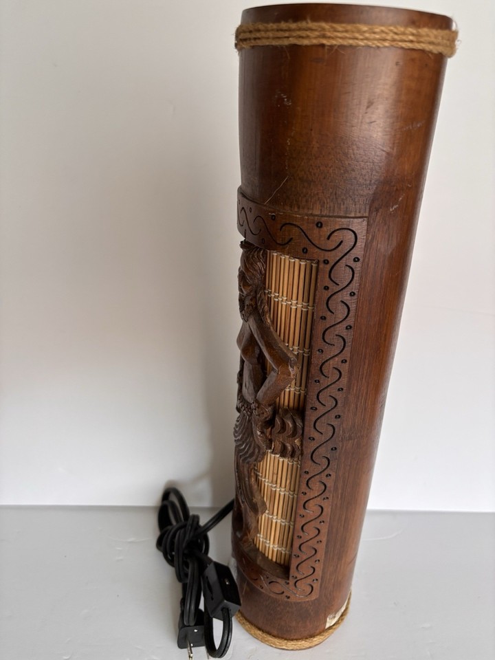 Luau Lady Carved Wood Bamboo 15” Hawaiian Tiki Table Lamp Bar Decor | eBay