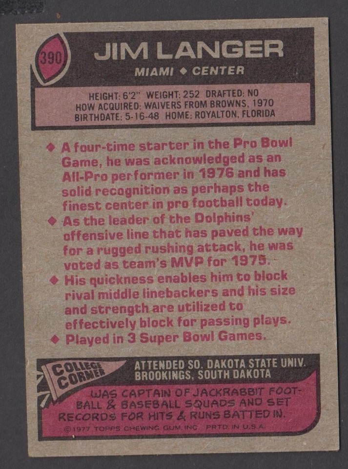 1977 Topps Football Jim Langer Miami Dolphins #390 | eBay