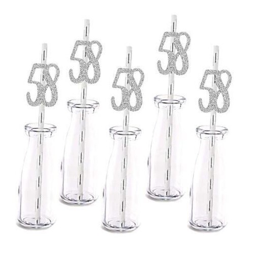 Silver Happy 58th Birthday Straw Decor, Silver Glitter 24pcs Cut-Out ...