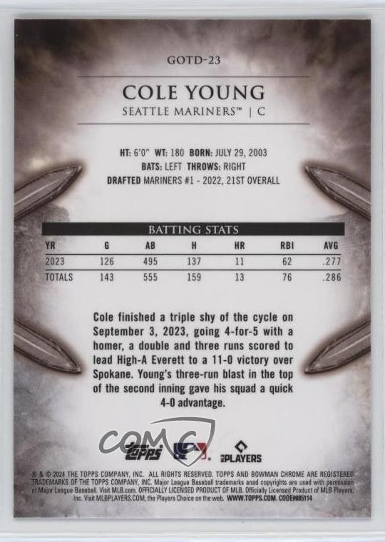 2024 Bowman Chrome Gladiators of the Diamond Cole Young #GOTD-23 0qc1 ...