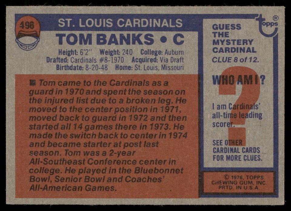 Tom Banks 1976 Topps #498 St. Louis Cardinals RC Football Card | eBay