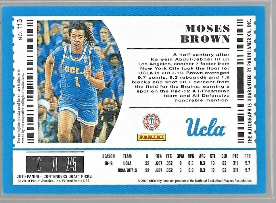 Moses Brown ROOKIE Auto 2019-20 Contenders Draft Picks Ticket 113 ...