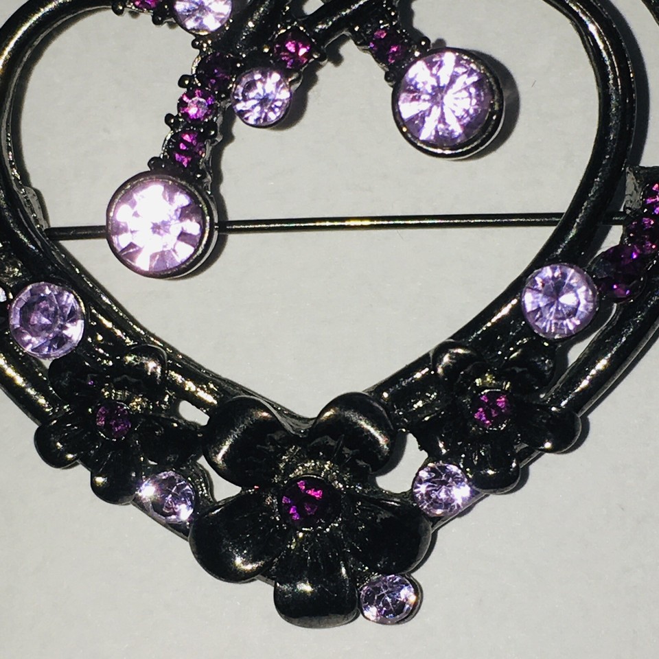 VINTAGE DOUBLE HEART PIN CRYSTAL FACETED DEEP PURPLE STONE FLOWERS ...