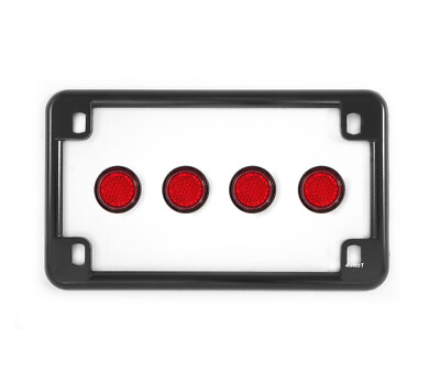 Gloss Black Motorcycle License Plate Frame w/ 4 Red Reflector Bolts Set ...