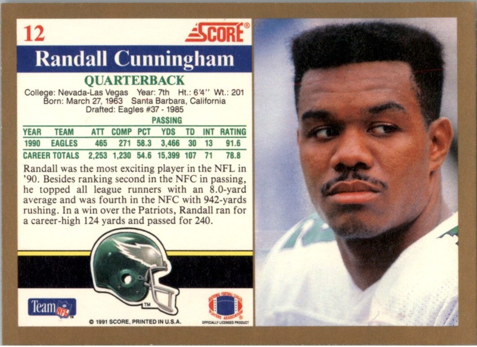 1991 Score #12 Randall Cunningham Philadelphia Eagles Base Football ...
