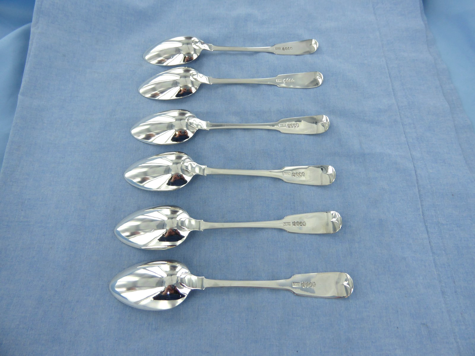 AN ANTIQUE SET OF SIX STERLING SILVER FIDDLE BACK DESSERT SPOONS ...