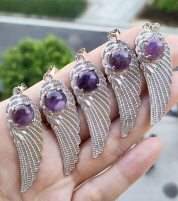 10pcs Amethyst Gems Stone Angel Wing Pendants Luck Energy Reiki Healing ...