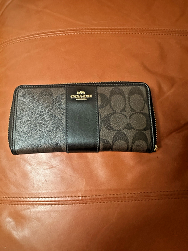 Coach Large Corner Zip Wristlet in Signature Canvas Brown/Black, Pre ...