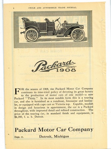 1908 Packard Motor Cars Ad: Thirty Model Intro - $4200 - Detroit ...